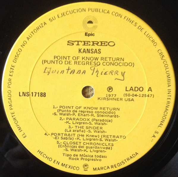 Kansas (2) - Point Of Know Return = Punto De Regreso Conocido - Discomarket