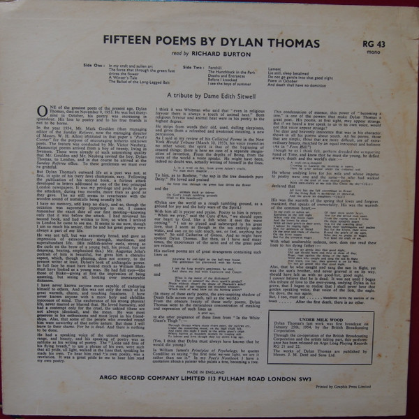 Альбом Richard Burton Reads 15 Poems By Dylan Thomas, год выпуска 1956 ...